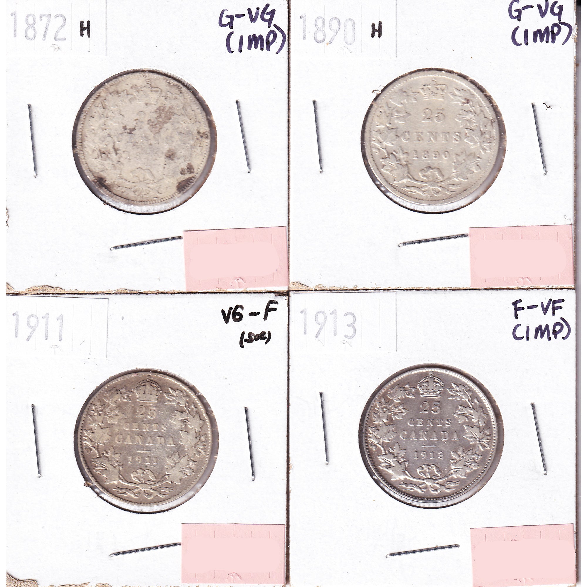 Lot of 4x 1872H-1913 Canada 25-Cents, G-VG to F-VF, 4Pcs. (Impaired) – Colonial Acres Coins