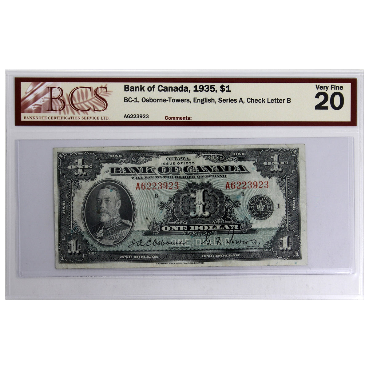 BC-1 1935 Canada $1 Osborne-Towers, English, Series A, Check B, BCS Ce – Colonial Acres Coins