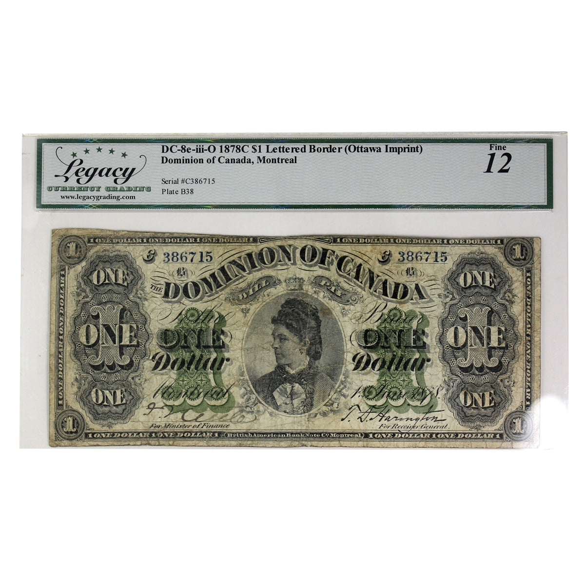 DC-8e-ii-O 1878C Dominion $1 V-H, Lettered Border, Ottawa Imprint, Leg ...