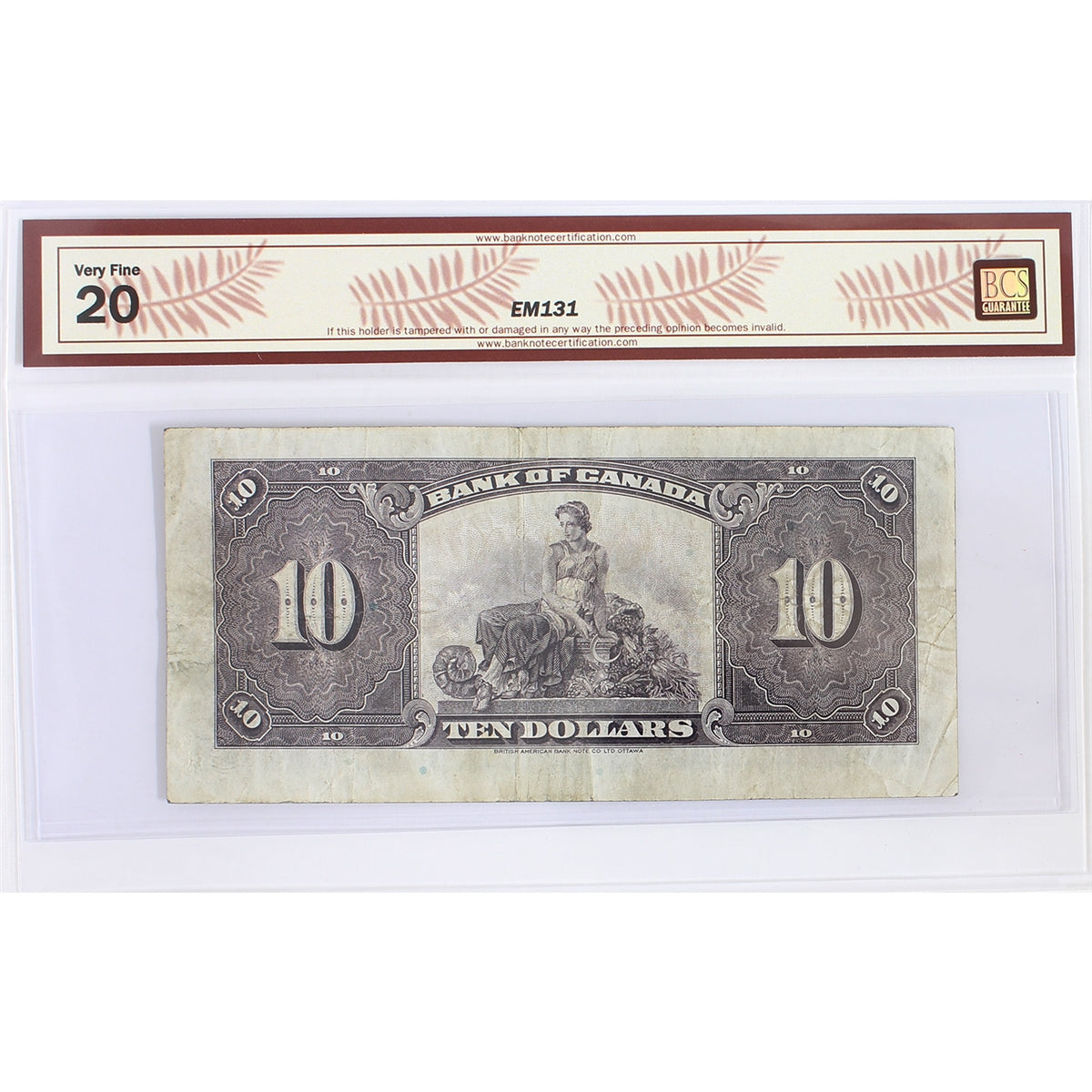 BC-7 1935 Canada $10 Osborne-Towers, English, Check Letter C, BCS Cert – Colonial Acres Coins