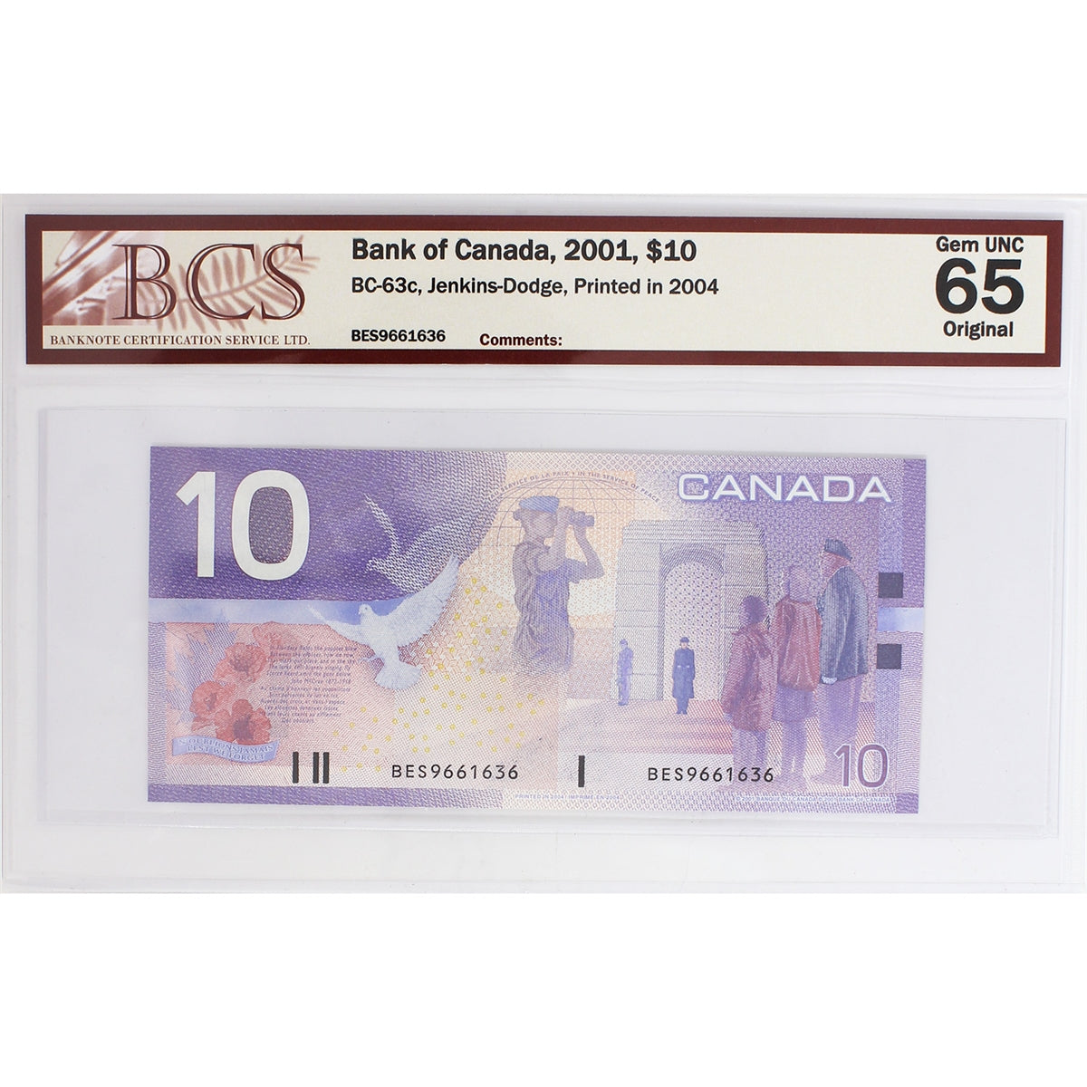 BC-63c 2001 Canada $10 Jenkins-Dodge, Printed in 2004, BES BCS Certifi ...