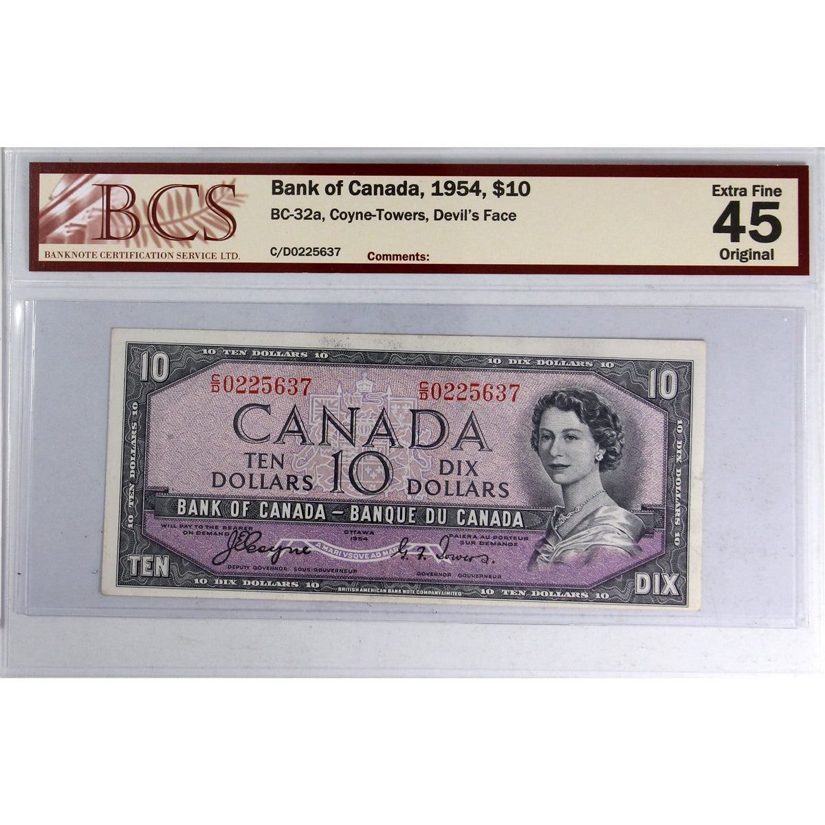 BC-32a 1954 Canada $10 Coyne-Towers, Devil's Face, C/D BCS Certified E – Colonial Acres Coins