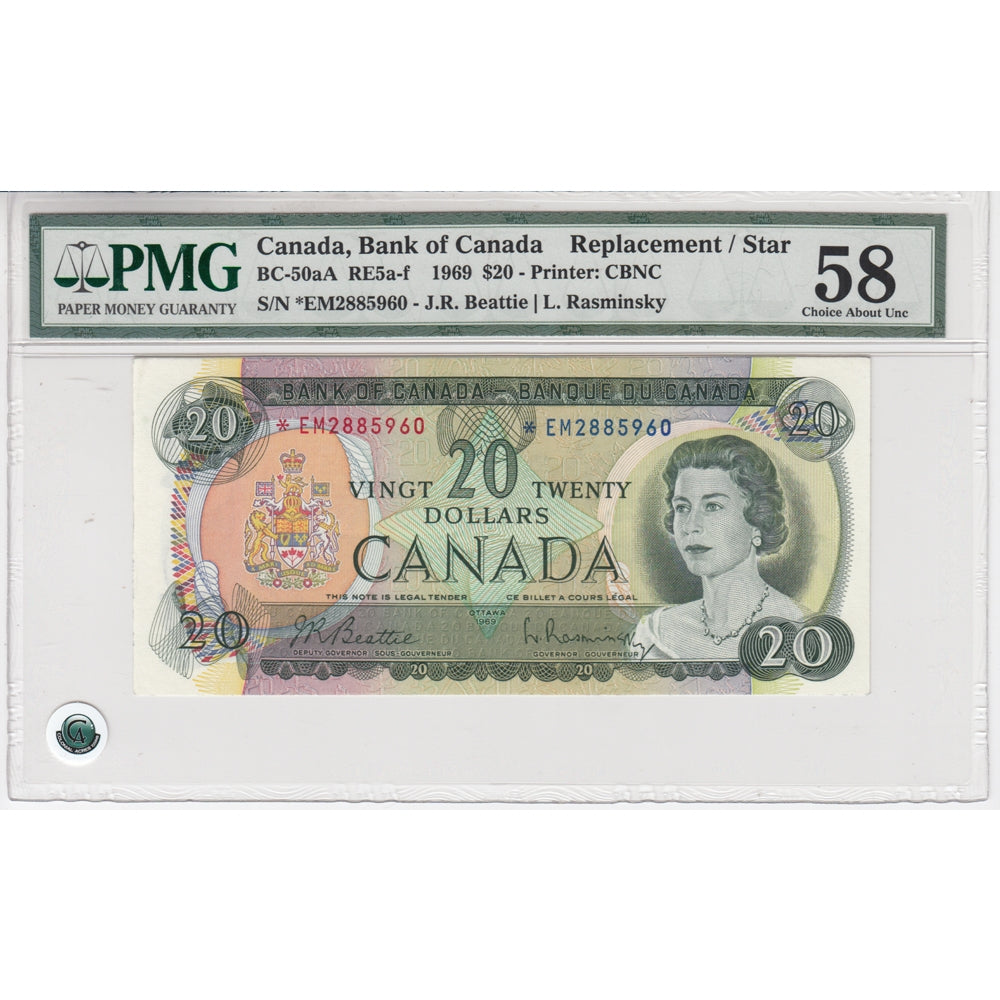 BC-50aA 1969 Canada $20 Beattie-Rasminsky, *EM, PMG certified AU58 – Colonial Acres Coins