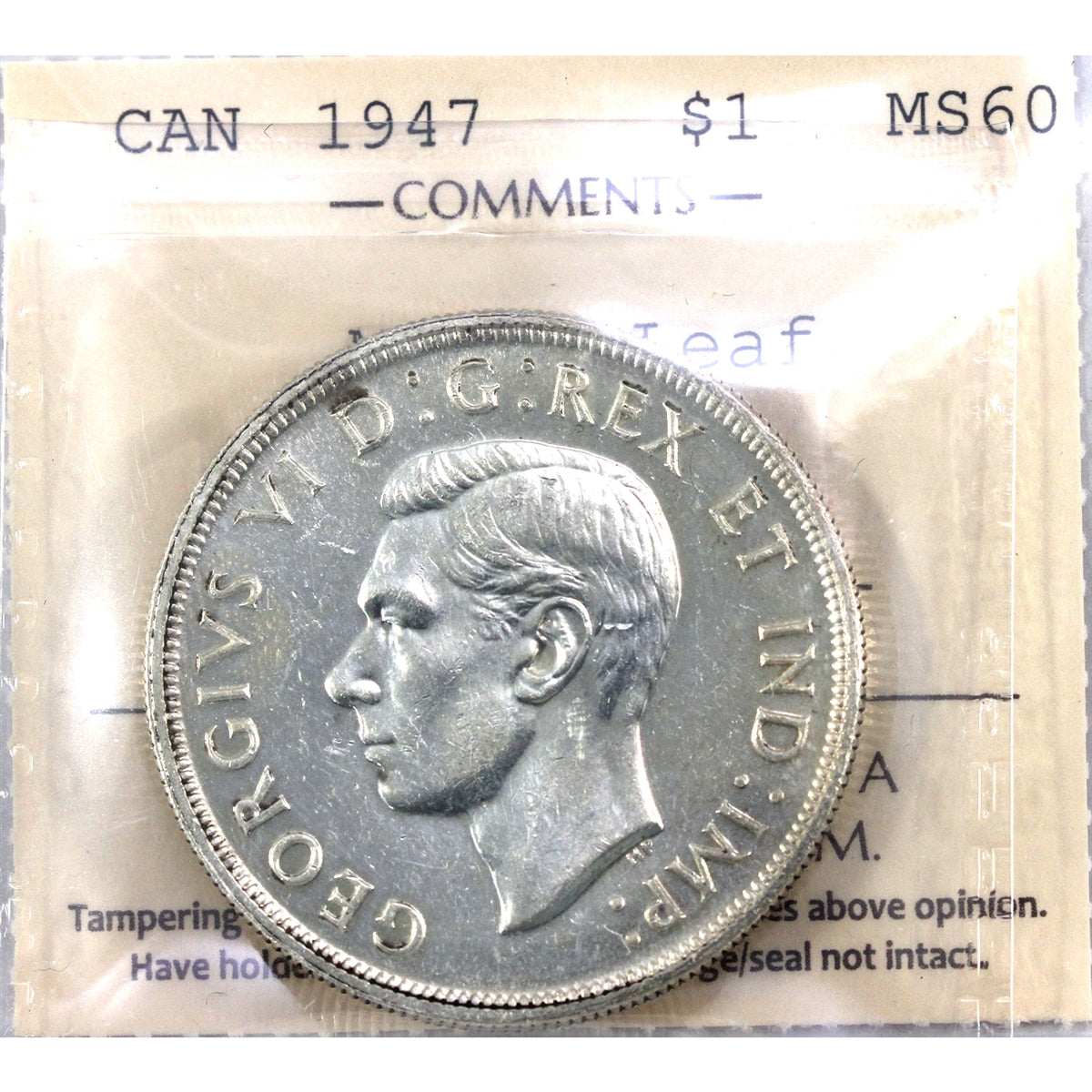 1947 Maple Leaf; Double HP Canada Dollar ICCS Certified MS60 – Colonial Acres Coins