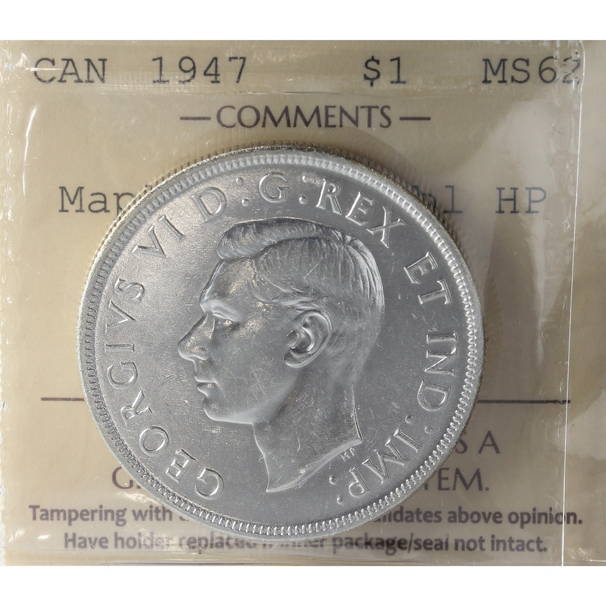 1947 Maple Leaf, Double HP Canada Dollar ICCS Certified MS62 – Colonial Acres Coins