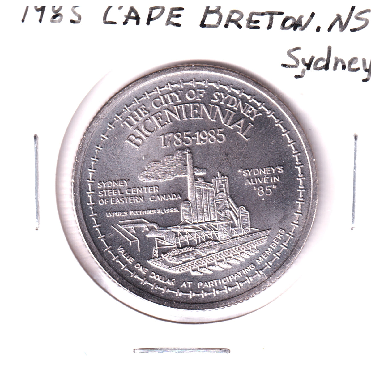 1985 Cape Breton, NS, MacPuffin Dollar Token: The City of Sydney Bicen ...