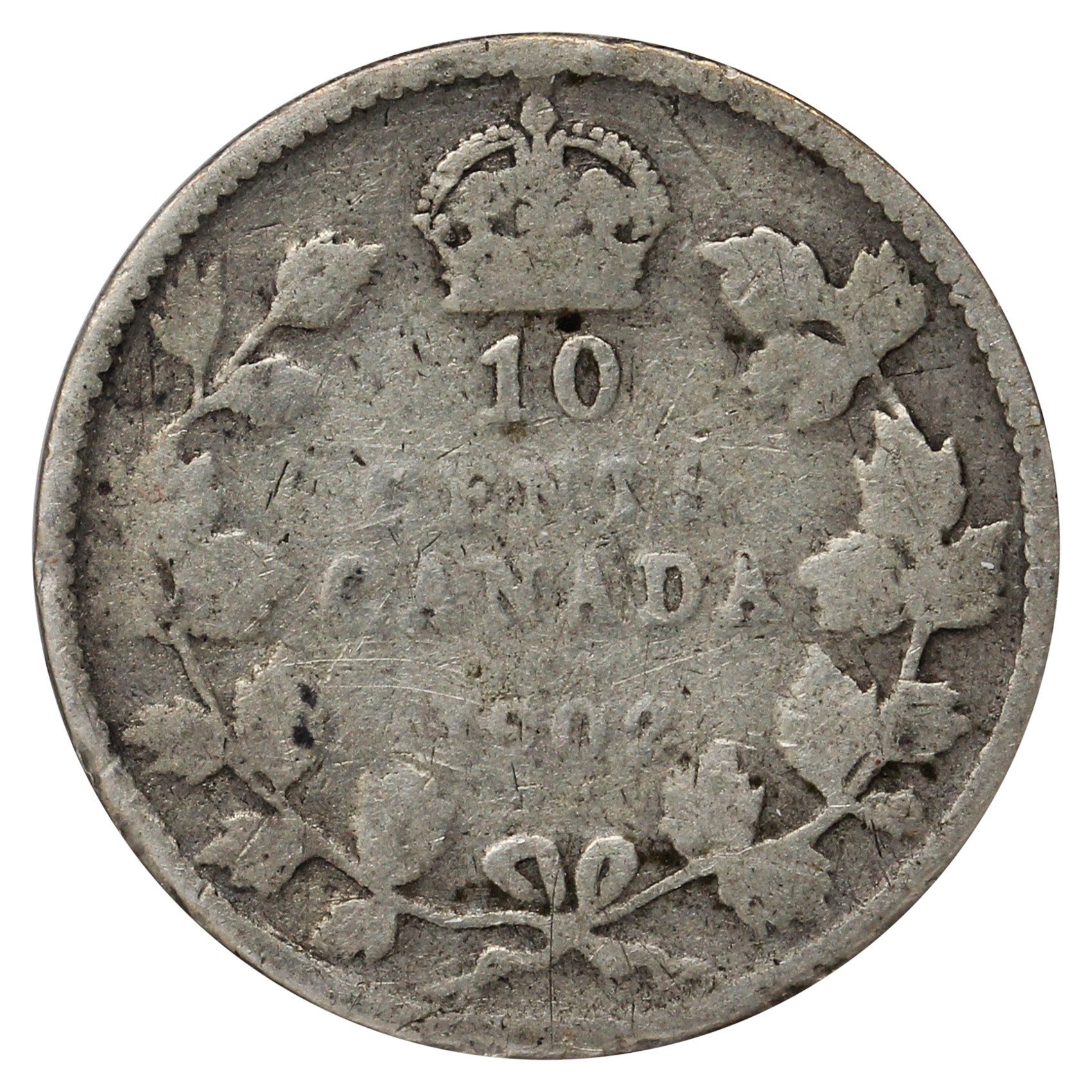 1902 Canada 10-cents About Good (AG-3) Scratched, cleaned, or impaired – Colonial Acres Coins