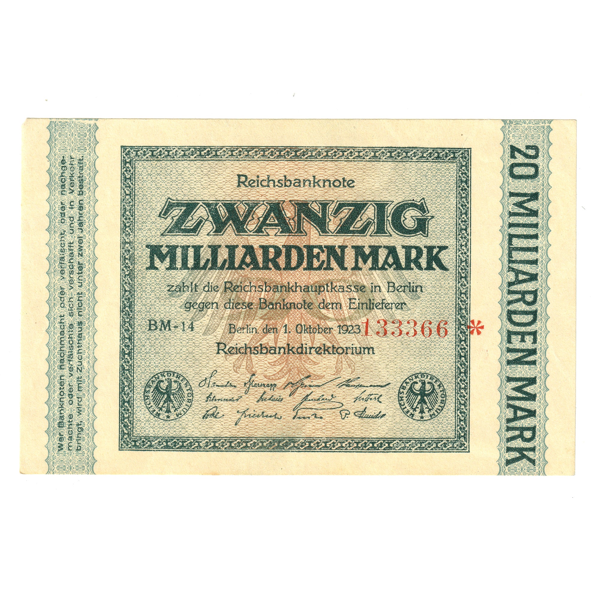 Germany 1923 20 Billion Mark Note, Pick #118 – Colonial Acres Coins