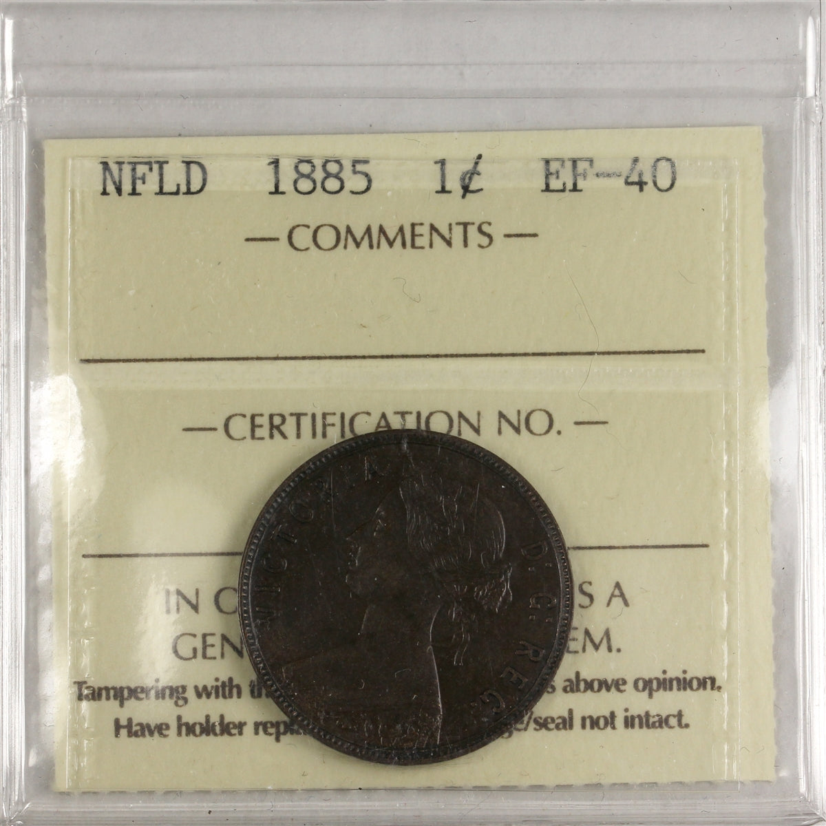 1885 Newfoundland 1-cent ICCS Certified EF-40 – Colonial Acres Coins