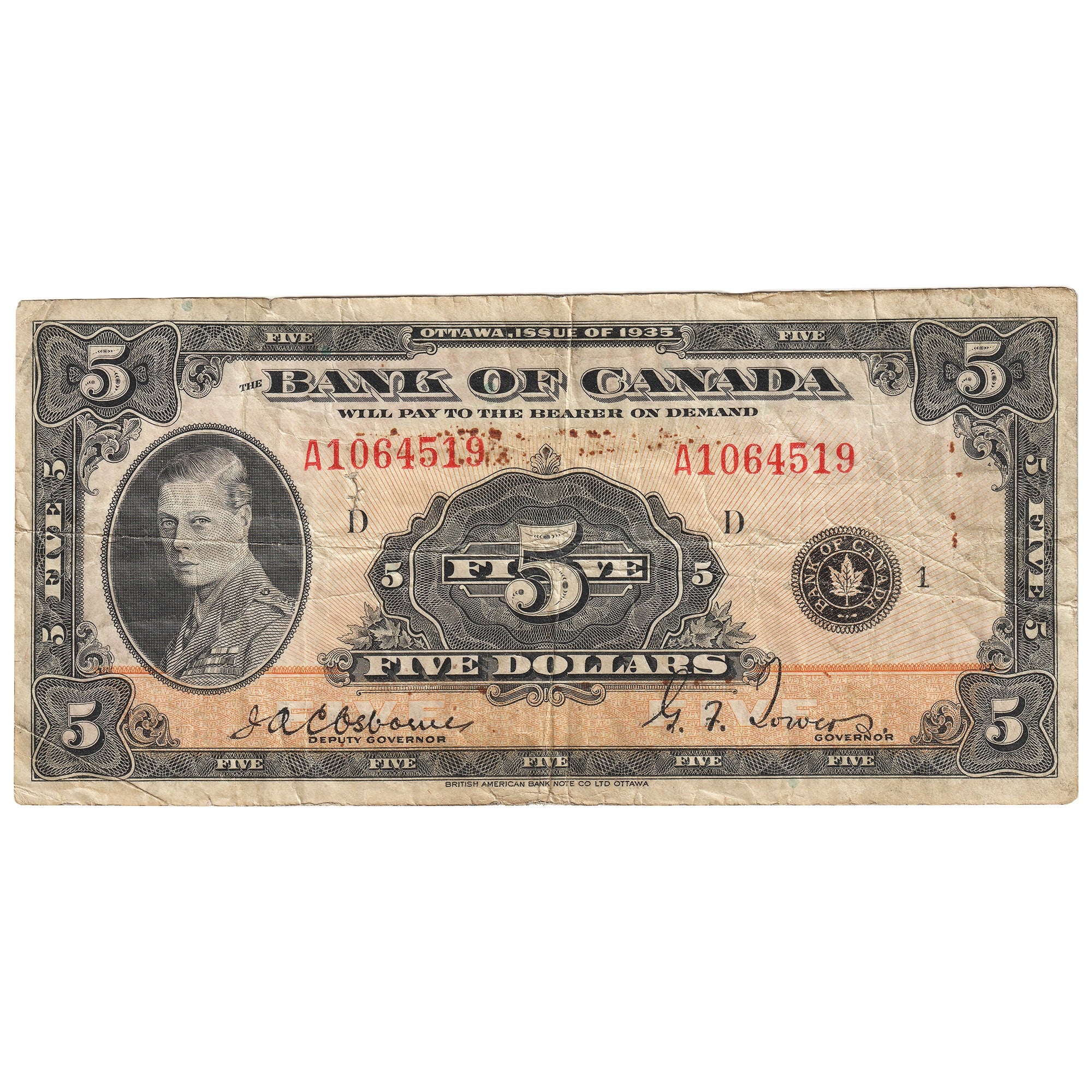 BC-5 1935 Canada $5 Osborne-Towers, English, VF (Stains) – Colonial Acres Coins