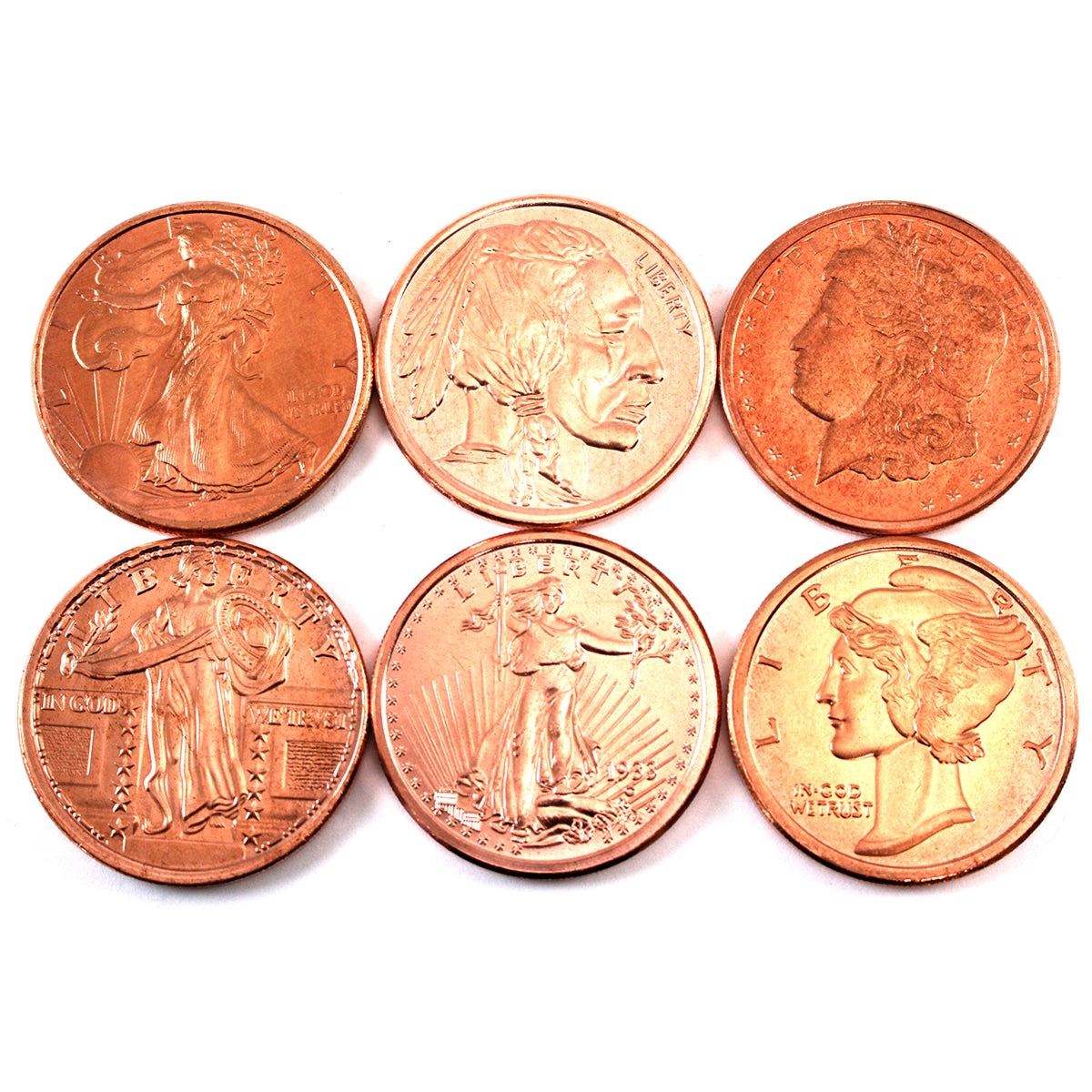 Lot of 6x USA Famous Coin Designs 1oz. avdp. Fine Copper Rounds, 6Pcs ...