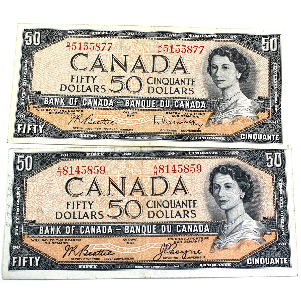 Pair of 1954 Canada $50 Notes, Modified Portrait, Both Sigs., A/H & B ...