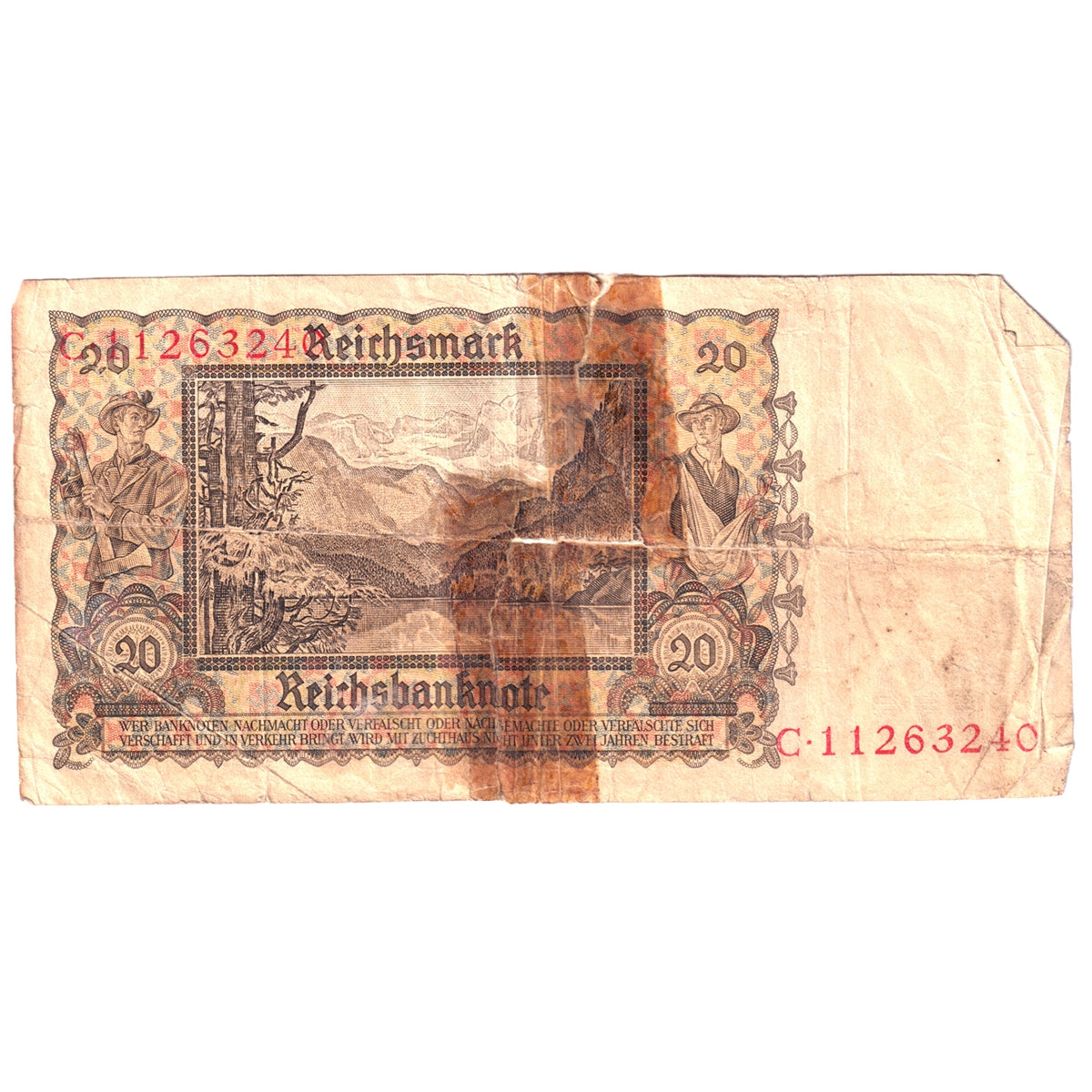 Germany Note, 1939 20 Reichsmark, Fine (F-12) Damaged – Colonial Acres ...