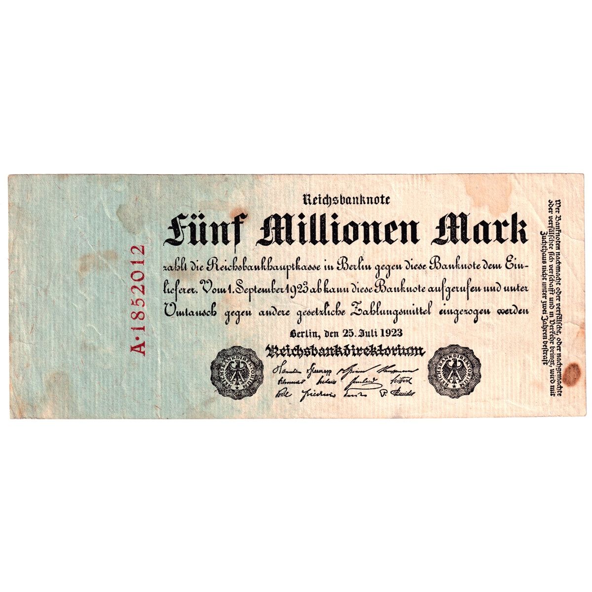 Germany Pick #95 1923 5 Million Mark Note, VF-EF (VF-30) Stained ...