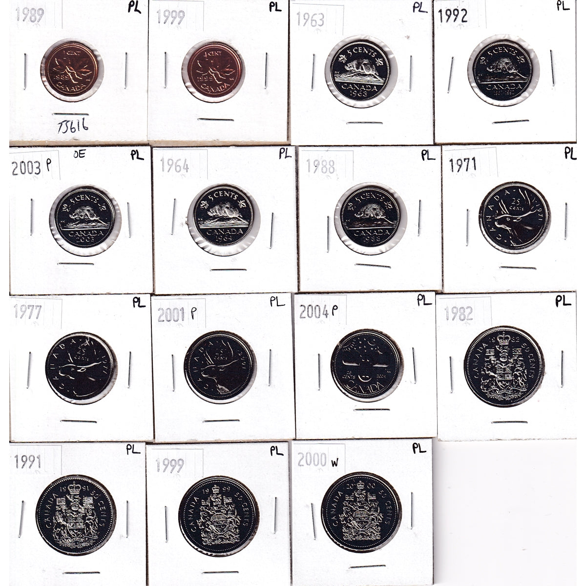 Lot of Canada Proof-Like coins 1989 to 2000 (removed from sets). 15pcs ...