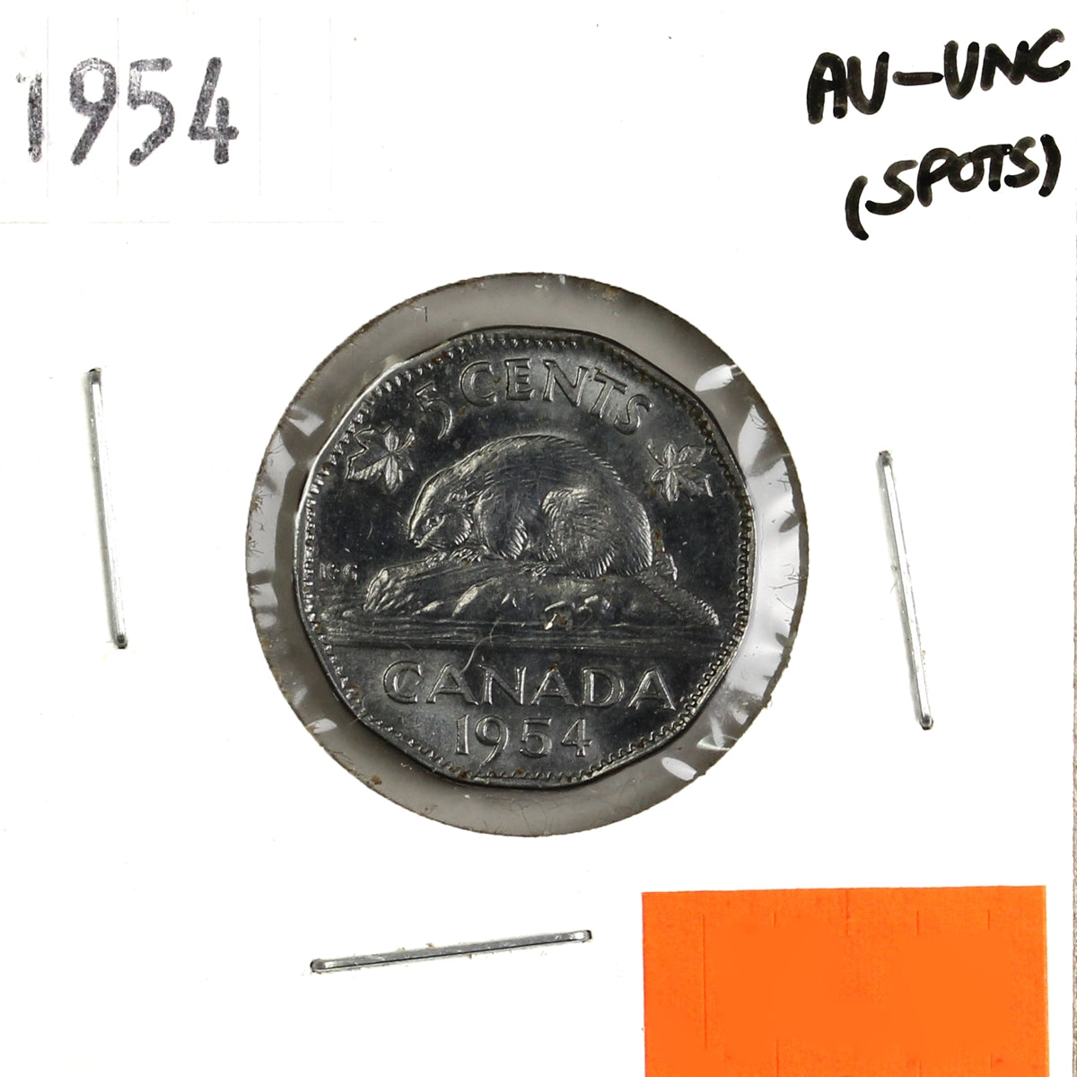 1954 Canada 5-cents AU-UNC (AU-55) Scratched, spots, or impaired – Colonial Acres Coins