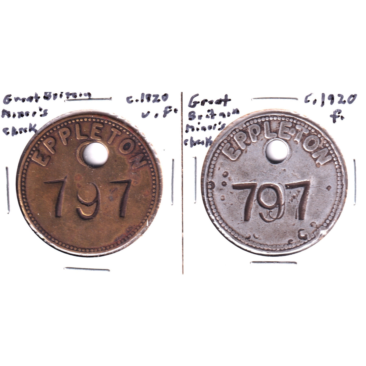 Pair of Great Britain Eppleton Colliery Circa 1920 Miners Lamp Check M ...