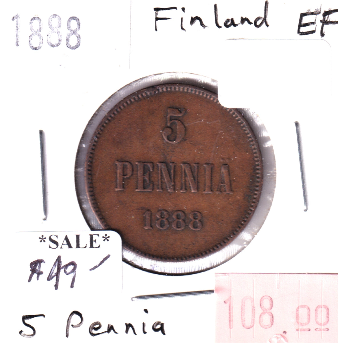 Finland 1888 5 Pennia Coin, Extra Fine – Colonial Acres Coins
