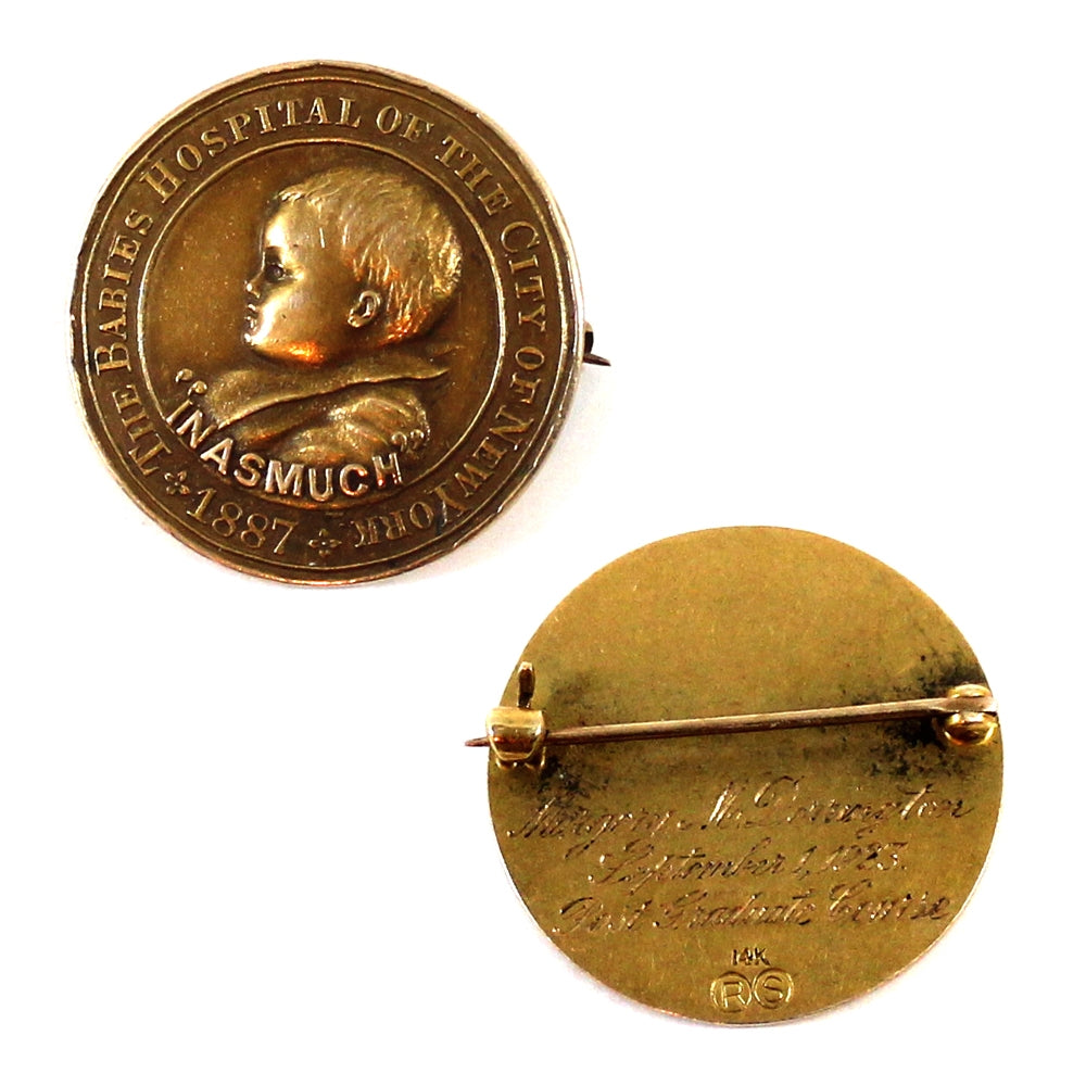 W483. 1887 14k Gold Brooch - the McNutt Sisters & Babies Hosptial in N ...