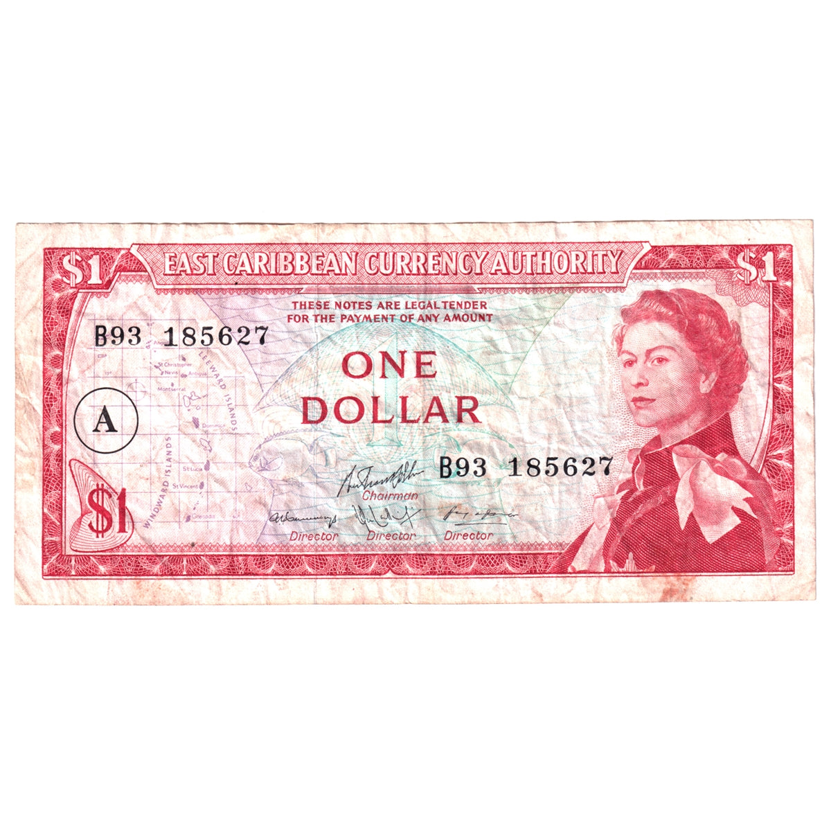 East Caribbean States Pick #13h 1965 1 Dollar Note, A Overprint, Very ...