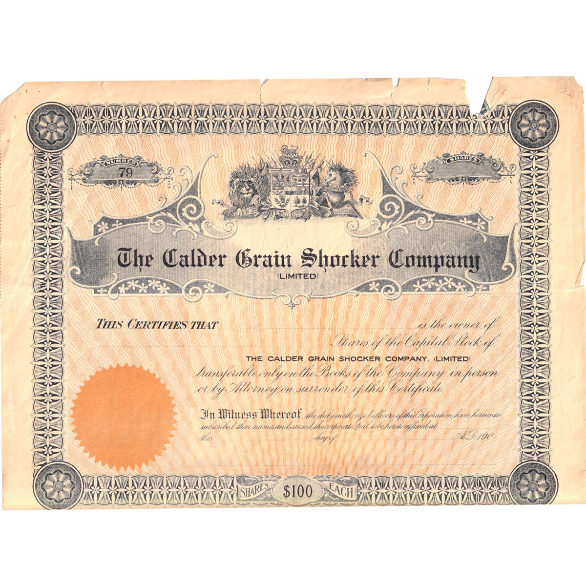 Vintage Calder Grain Shocker Company Blank Stock Certificate – Colonial ...