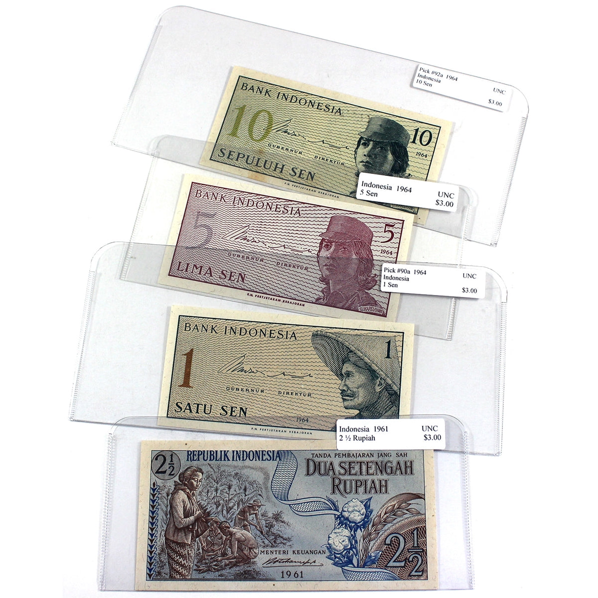 Lot of 4x Indonesia Notes, 1961 & 1964 Various Denominations, UNC, 4Pc ...