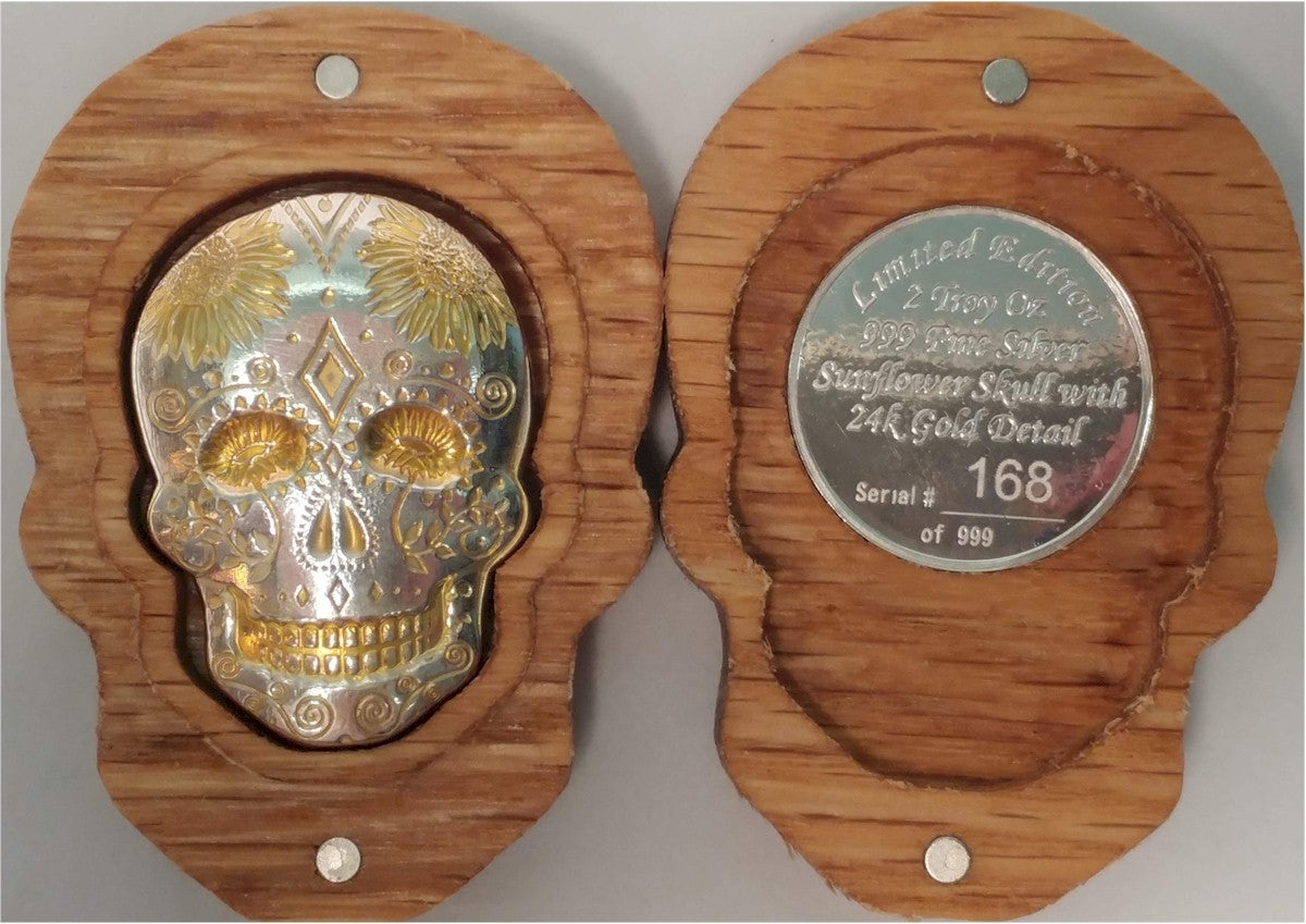 Limited Edition Sunflower Skull 2oz. .999 Silver with Gold Plating & W ...