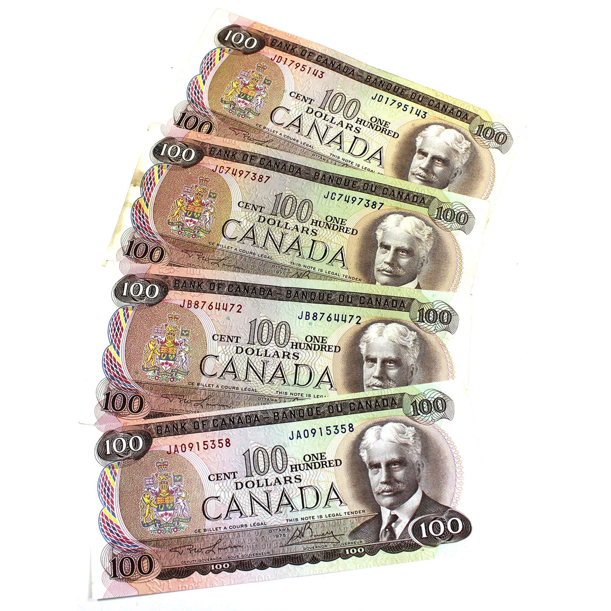 Lot of 4x 1975 Canada $100 Notes with All Different 2-letter Prefixes ...