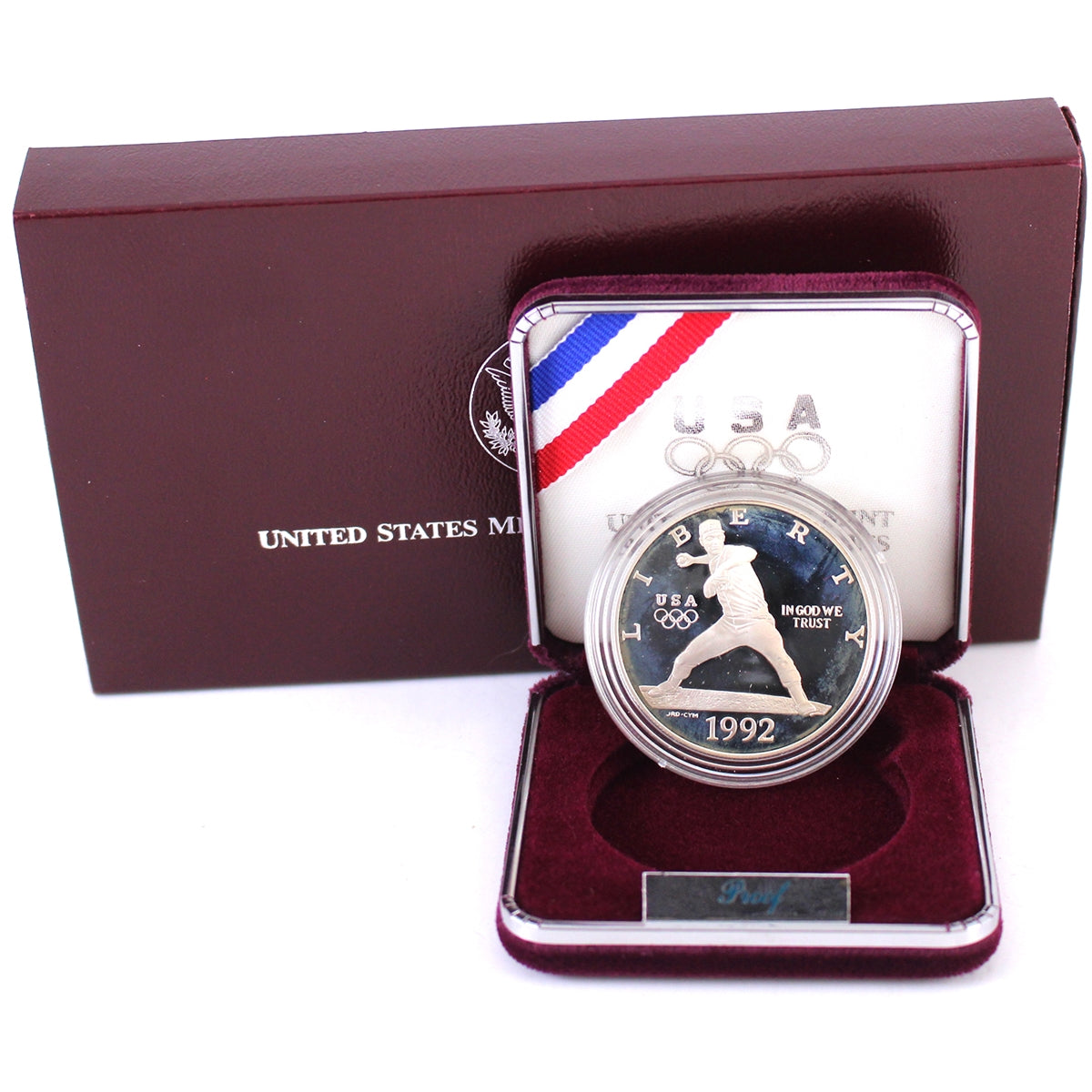 1992 S USA Olympic (Baseball Pitcher) Proof .90 Silver Dollar (Toned ...