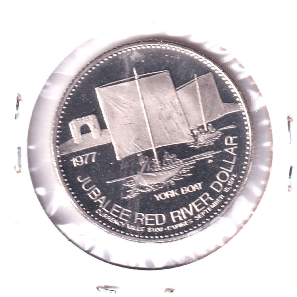 1977 Winnipeg Jubalee Red River Dollar Token: York Boat / Pan-Am Pool – Colonial Acres Coins