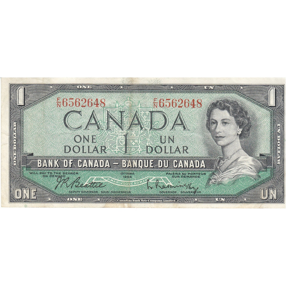 BC-37b 1954 Canada $1 Beattie-Rasminsky, F/N, VF-EF (VF30) – Colonial ...