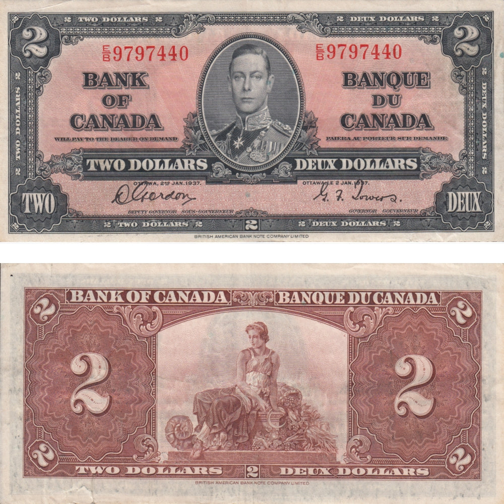 BC-22b 1937 Canada $2 Gordon-Towers, E/B, VF-EF – Colonial Acres Coins