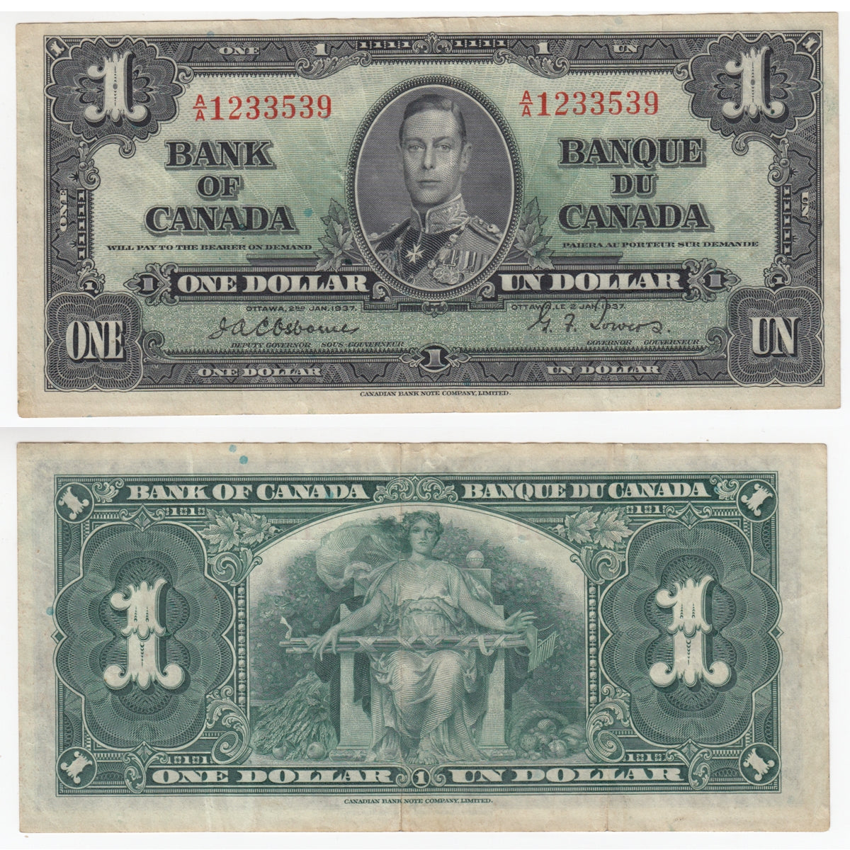 BC-21a 1937 Canada $1 Osborne-Towers, A/A, VF – Colonial Acres Coins