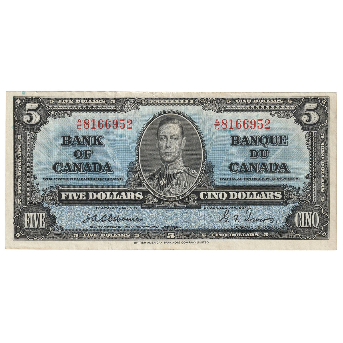 BC-23a 1937 Canada $5 Osborne-Towers, A/C, VF-EF – Colonial Acres Coins