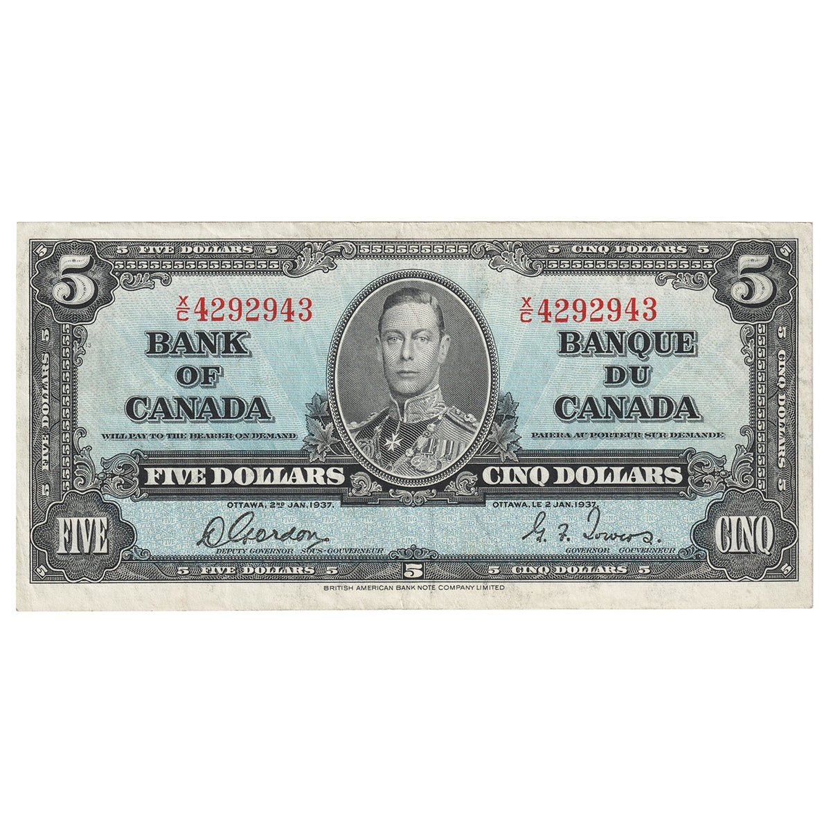 BC-23b 1937 Canada $5 Gordon-Towers, X/C, VF – Colonial Acres Coins