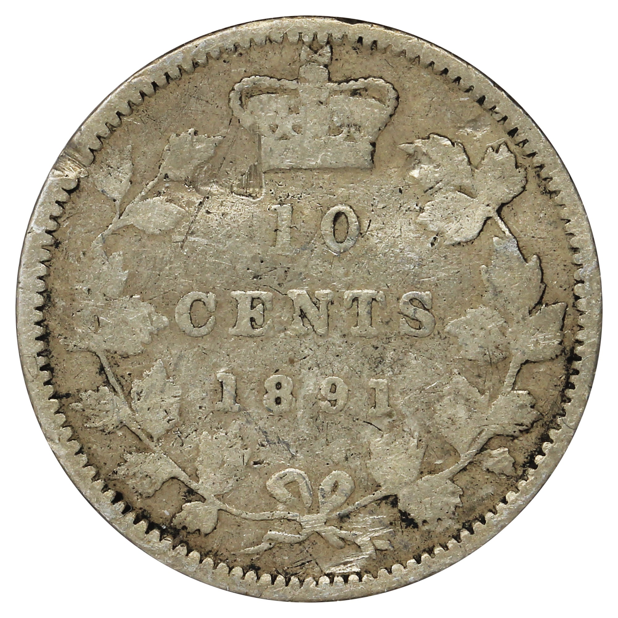 1891 Canada 22 Leaves Canada 10-cents G-VG (G-6) Impaired – Colonial Acres Coins