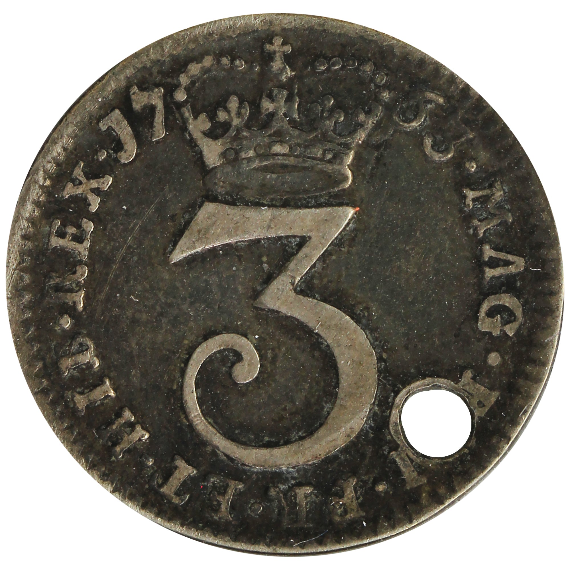 Great Britain 1763 3 Pence G-VG (G-6) Hole – Colonial Acres Coins