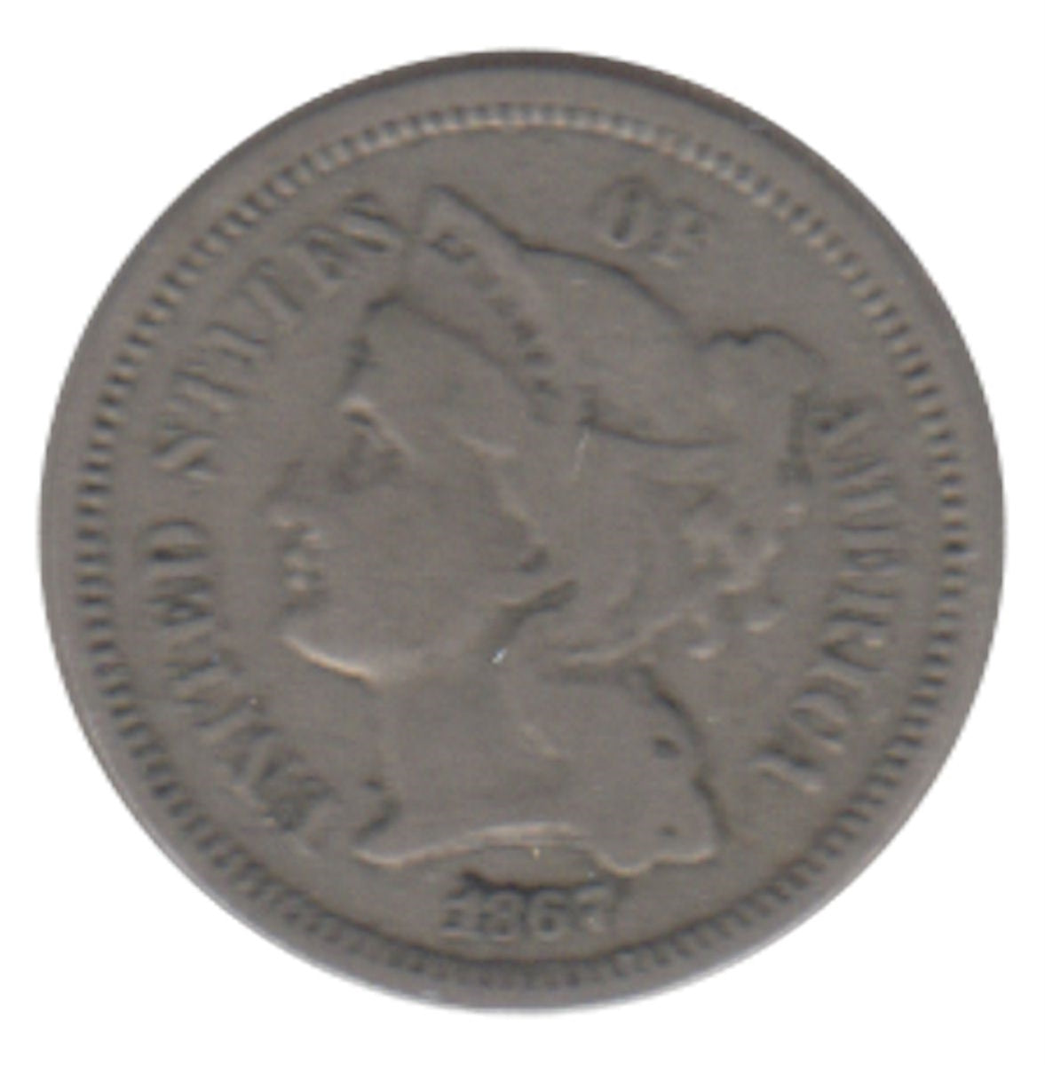 1867 Nickel USA 3 Cents F-VF (F15) – Colonial Acres Coins