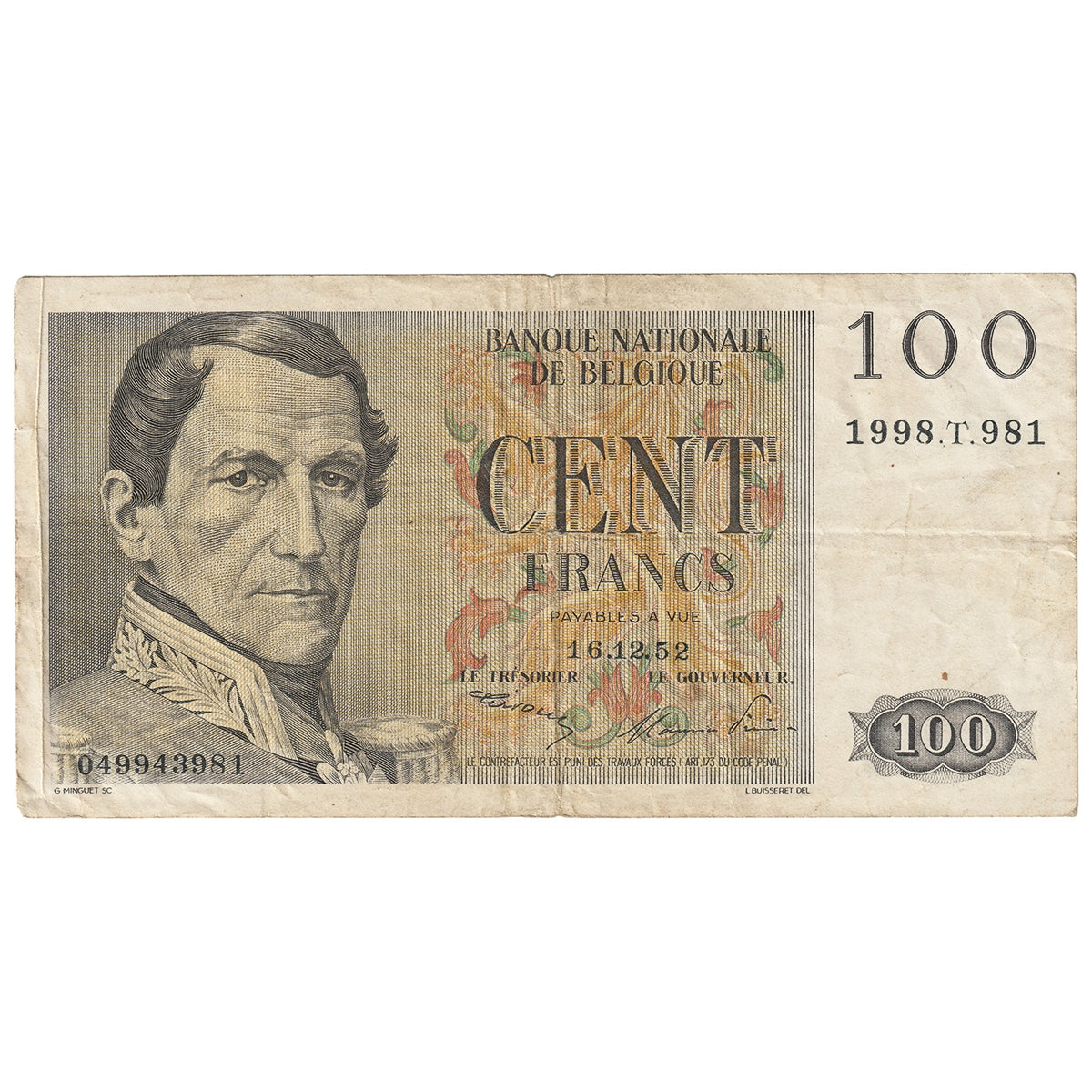 Belgium 1952 100 Franc Note, Pick #129a, VF – Colonial Acres Coins