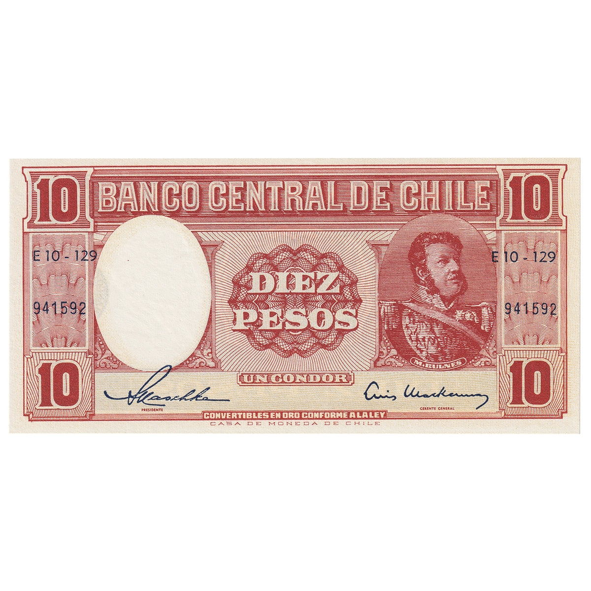 Chile 10 Pesos Note, Pick #103, UNC – Colonial Acres Coins