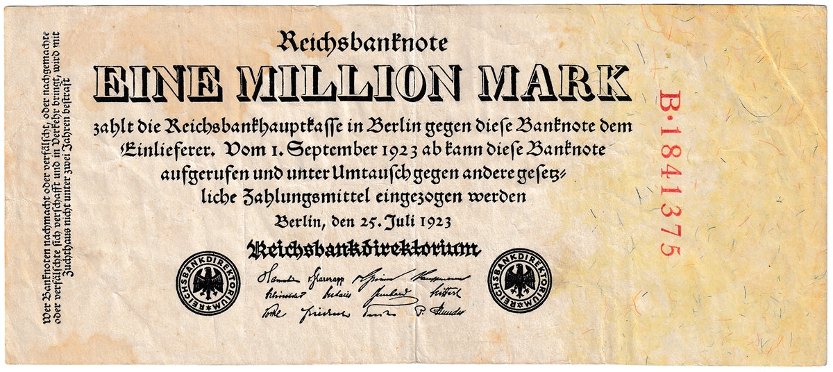 Germany 1923 1 Million Mark Note, Pick #94, VF (stain) – Colonial Acres ...