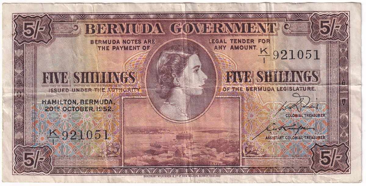 Bermuda Note Pick #18a 1952 5 Shillings, VF (tear) – Colonial Acres Coins
