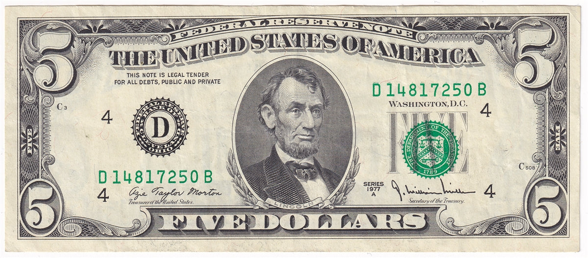USA 1977A $5 Note, FR #1975D, Cleveland, Extra Fine – Colonial Acres Coins