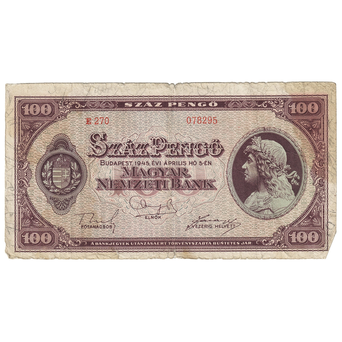Hungary 1945 100 Pengo Note, Pick #111b, CIRC – Colonial Acres Coins