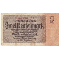 Germany 1937 2 Rentenmark Note, 8 Digit, F-VF – Colonial Acres Coins