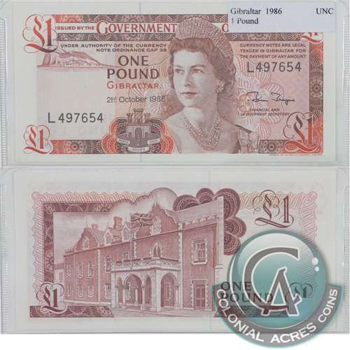 Gibraltar Note 1986 1 Pound, UNC – Colonial Acres Coins