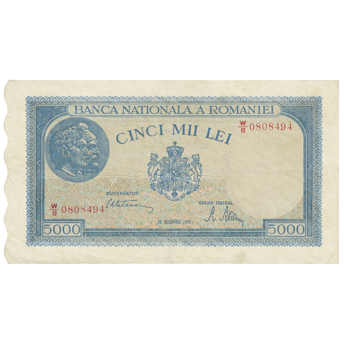 Romania 1945 5000 Lei Note, Pick #56a, VF – Colonial Acres Coins