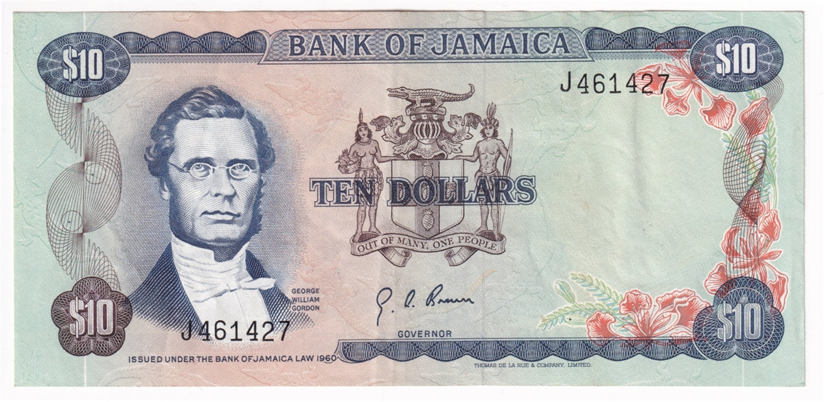 Jamaica Note 1960 10 Dollars, VF-EF – Colonial Acres Coins