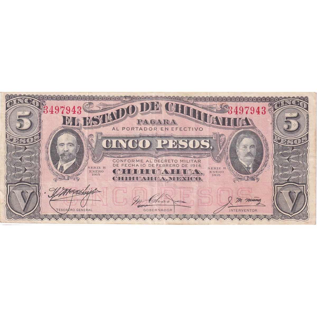 Mexico Note 1915 5 Pesos, VF-EF – Colonial Acres Coins