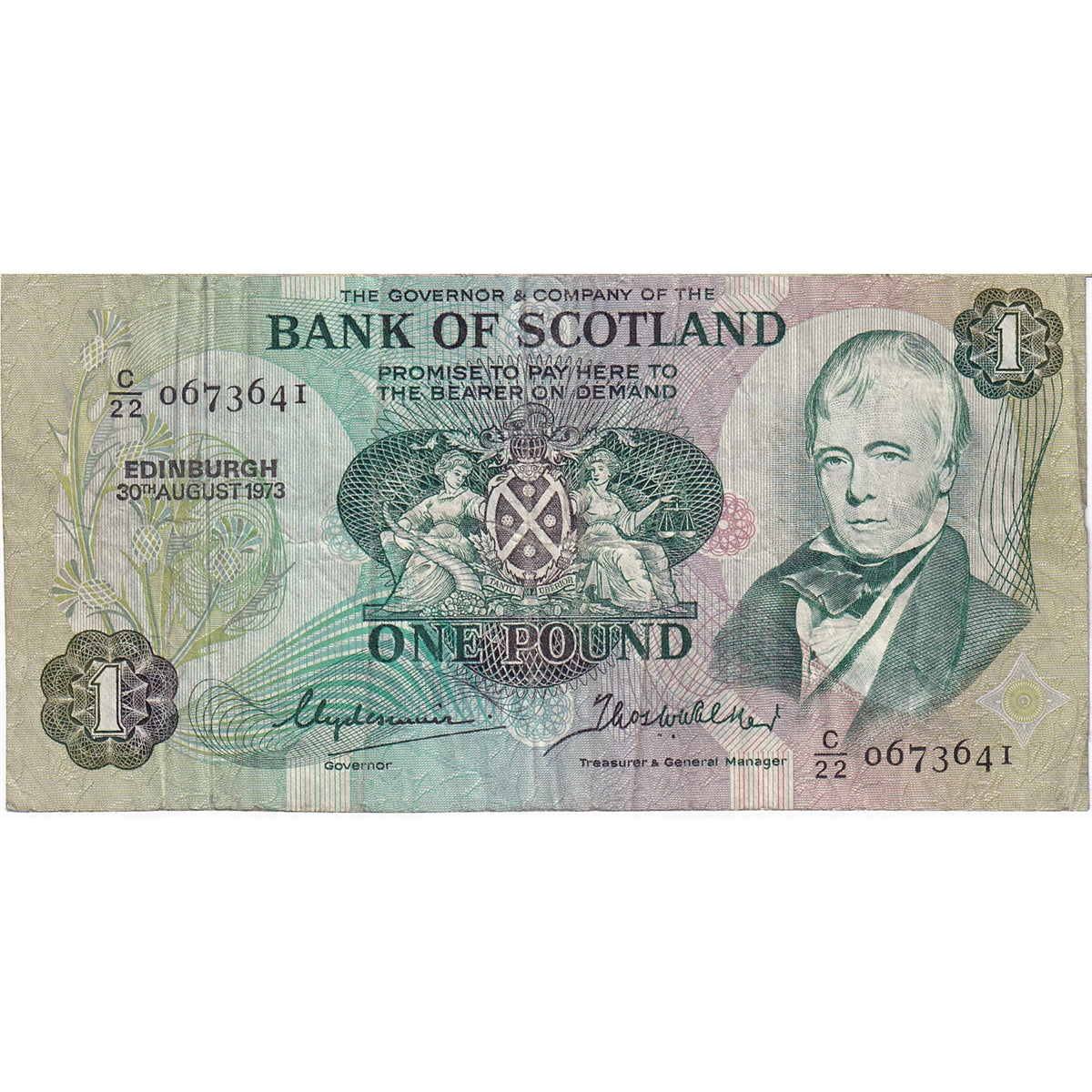 Scotland 1973 Bank of Scotland 1 Pound Note, F-VF – Colonial Acres Coins